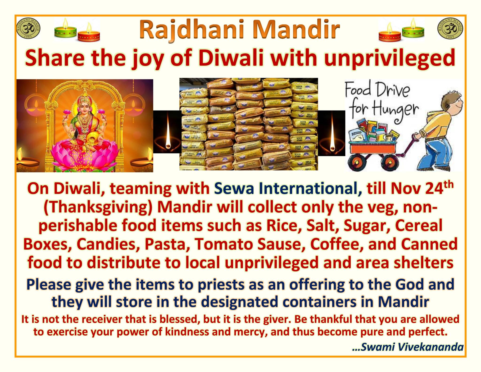 Sewa Diwali Food Drive - Rajdhani Mandir