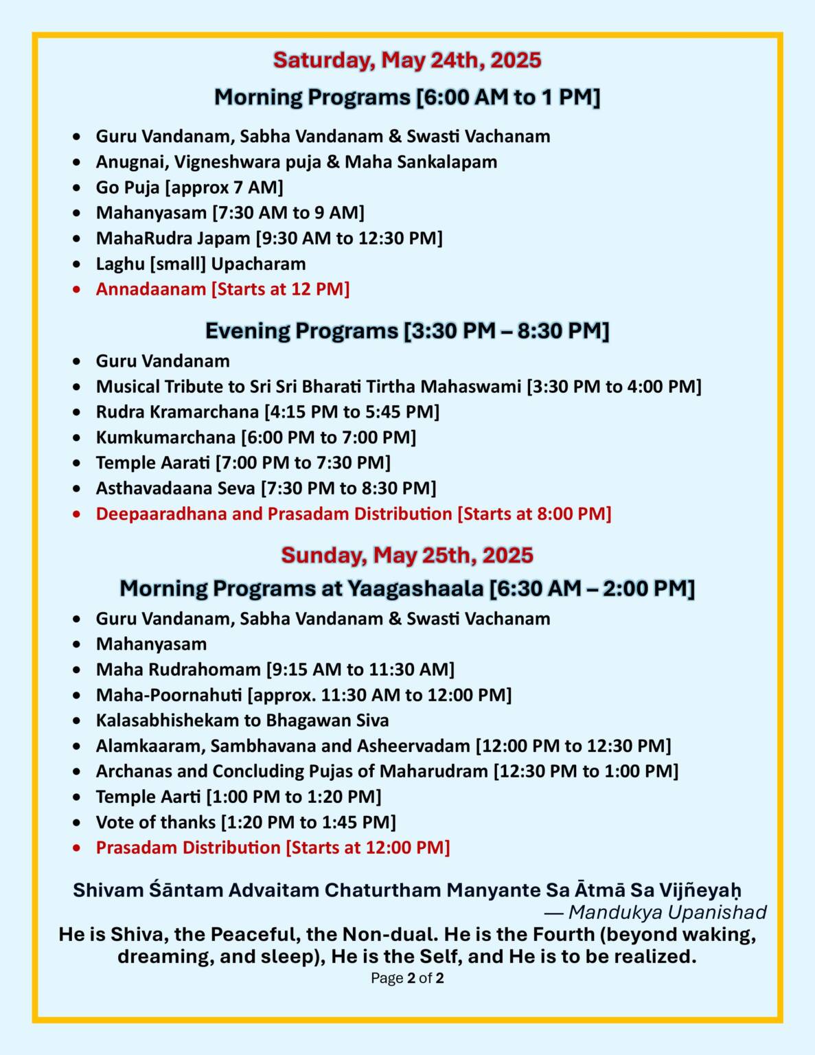 Maharudram Rituals Schedule - Rajdhani Mandir